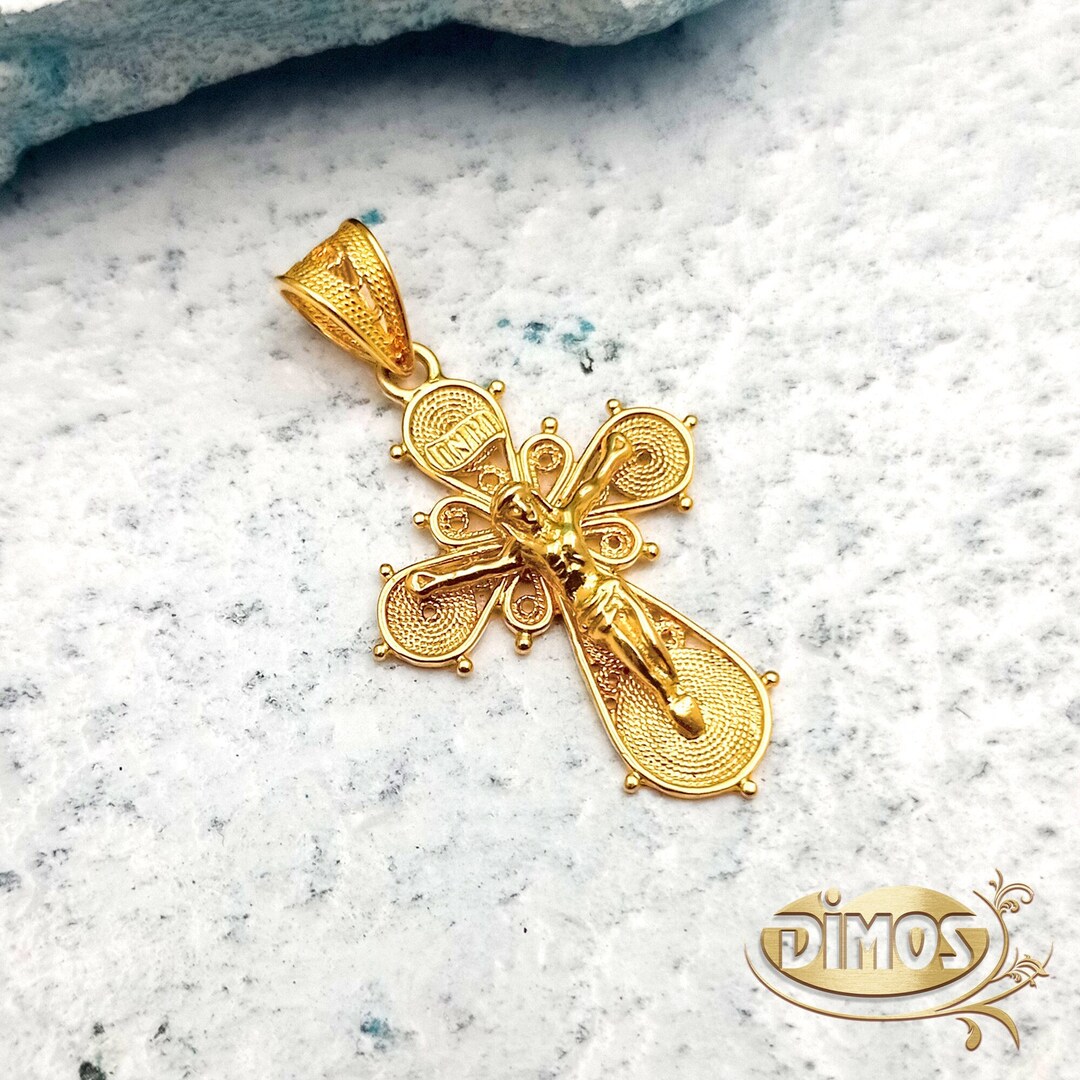18k Gold Filigree Byzantine Cross With Crucified Jesus. Handmade ...