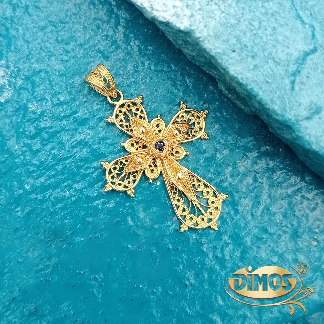 18k Gold Filigree Greek Byzantine Cross With Sapphire. Natural Gemstone ...
