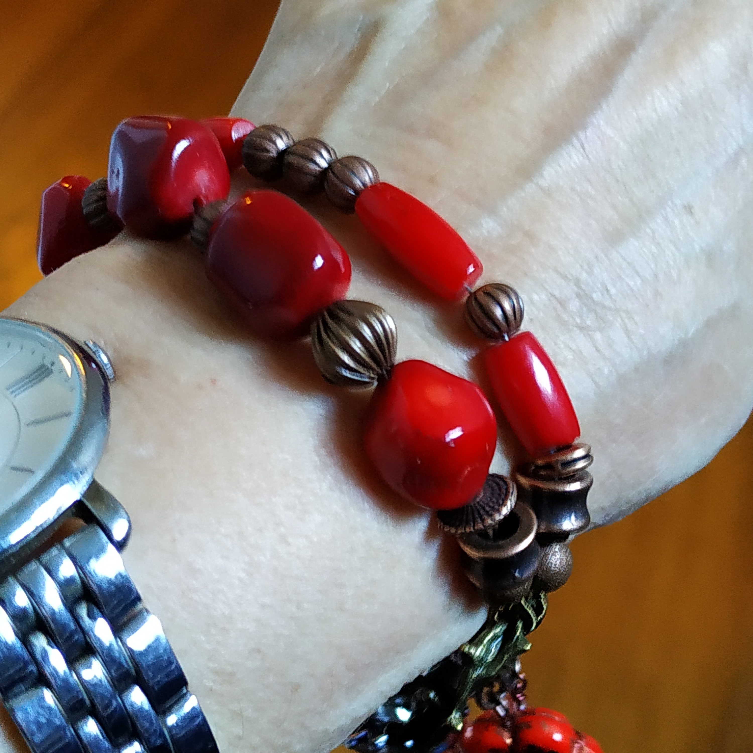 Boho Red Coral in Copper Bracelet/ Two Strand Bracelet/925 Sterling ...