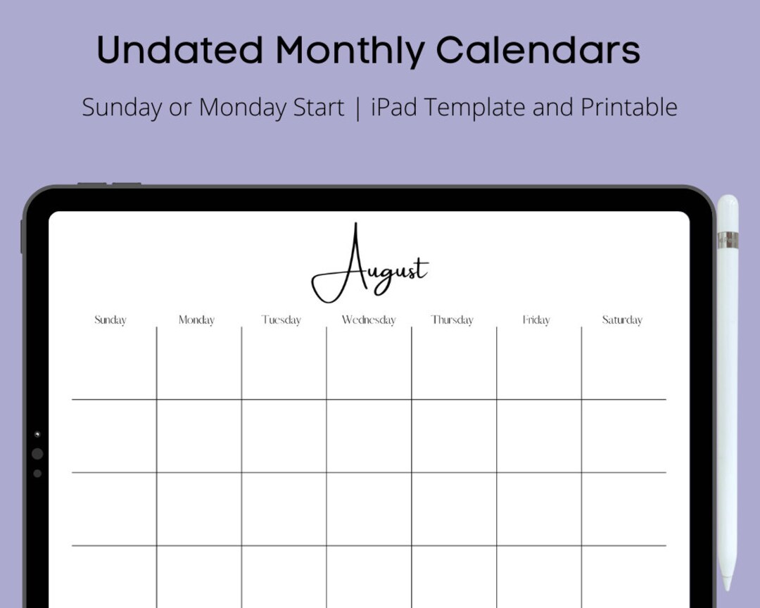 Monthly Calendar, Undated, Planner, Goodnotes Template, Printable ...