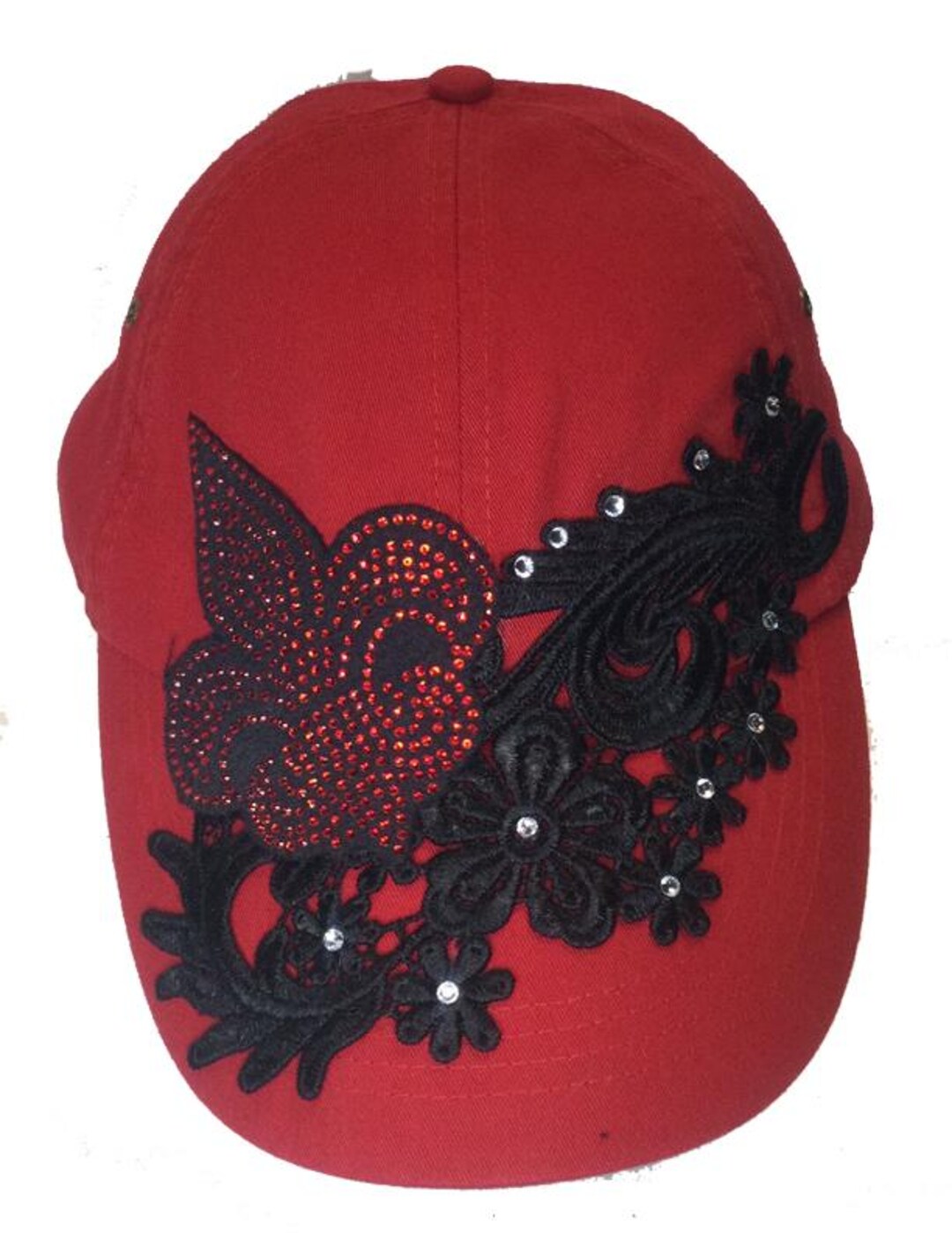 Ladies Rhinestone Baseball Cap * Red W/black Fleur Di Lis * Applique ...