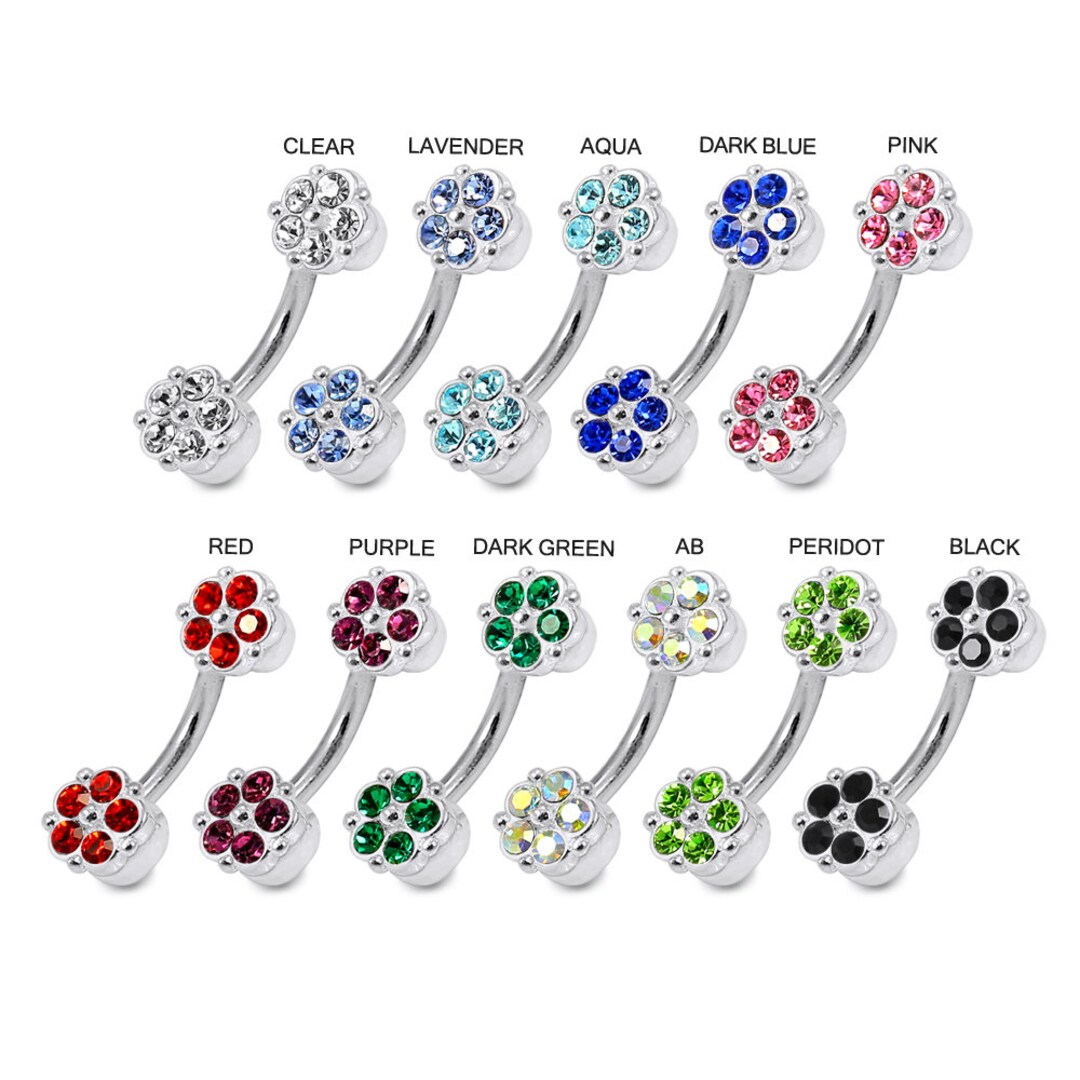 Jeweled Double Flower Eyebrow Barbell/ Rook Barbell Sterling Silver and ...