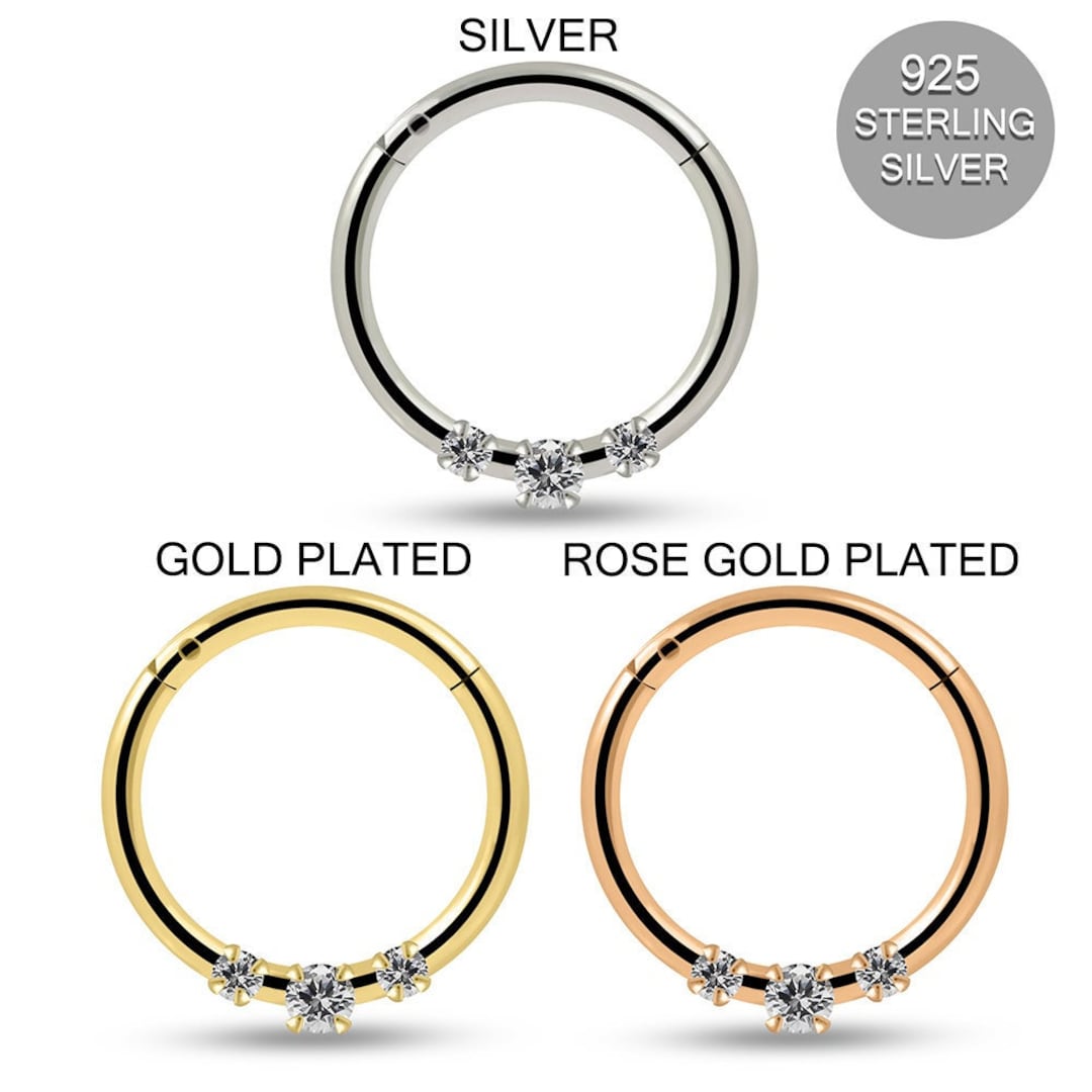 925 Sterling Silver Triple CZ Stone Hinged Segment Clicker Ring-nose ...
