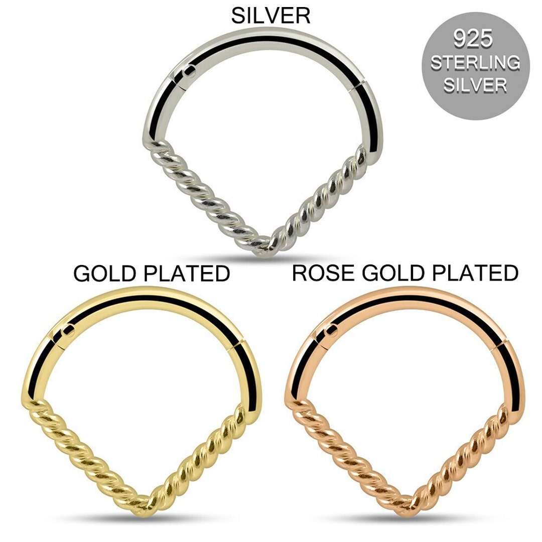 925 Sterling Silver Twisted Rope V Shape Hinged Segment Clicker Ring-nose Hoop/septum Clicker ...