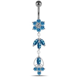 Flower Belly Ring With Dangling Gemstone Leaves CZ Belly Button Rings ...