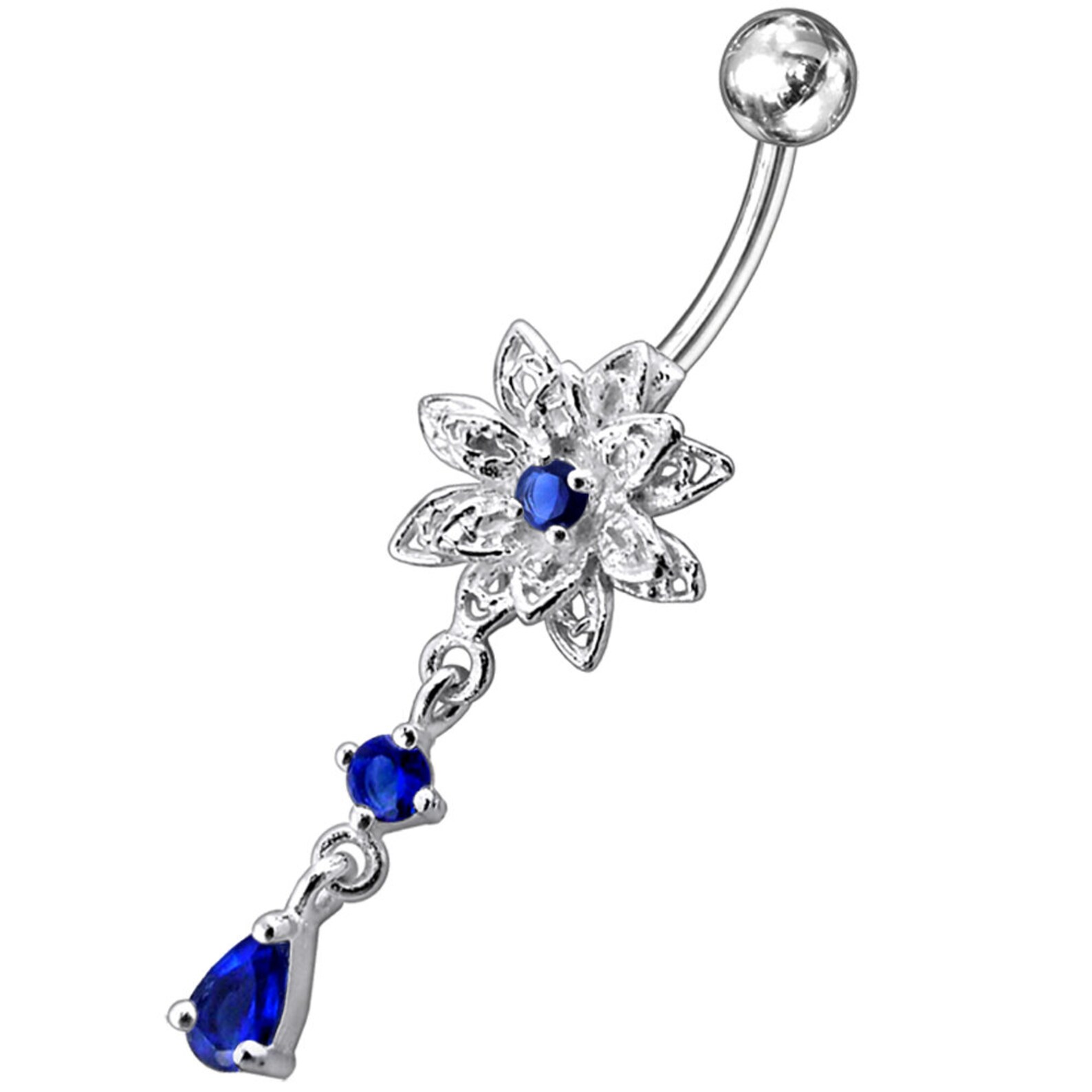 Silver Flower Belly Ring Navel Ring Dangle Cz Belly Button Etsy Uk