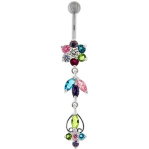 Flower Belly Ring With Dangling Gemstone Leaves CZ Belly Button Rings ...