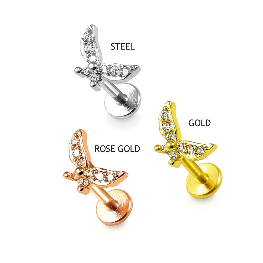 Jeweled Butterfly Tragus Piercing Internally Threaded Screw Fit Labret ...
