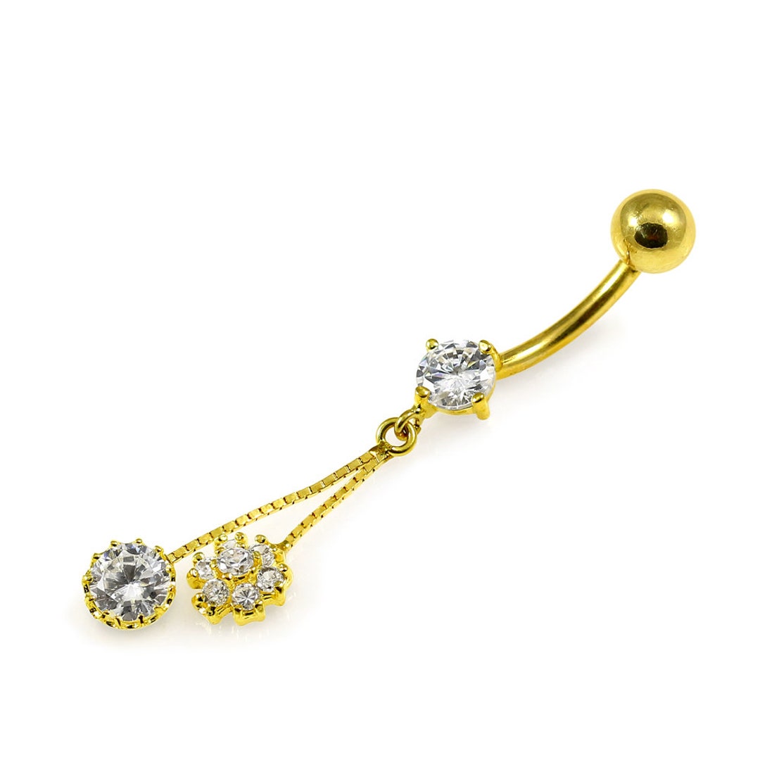14K Gold Belly Ring Dangling Jeweled Flower Navel Piercing 14G Dainty ...