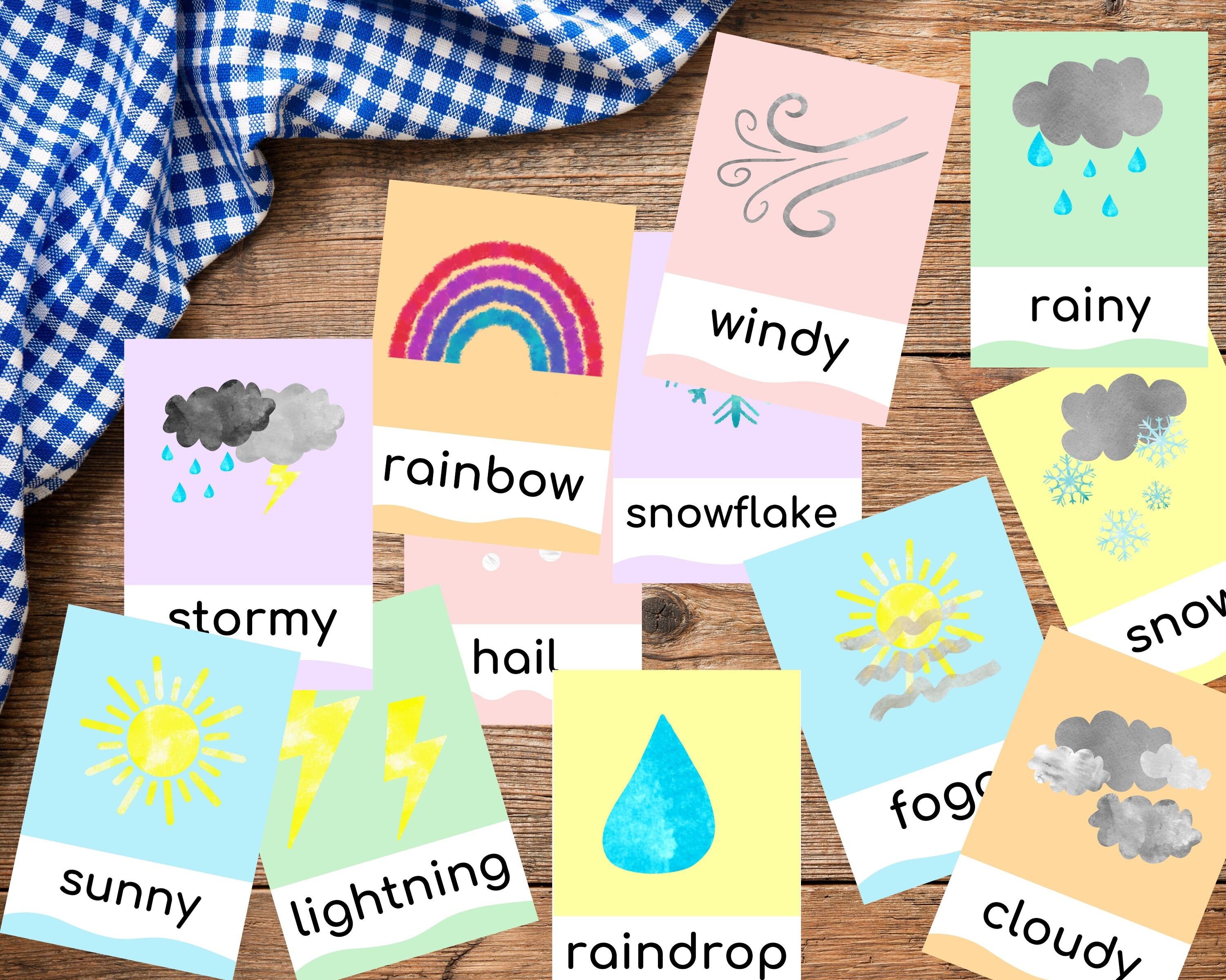 Weather Flashcards - Set 12 Flashcards - Vocabulary Cards - Educational ...