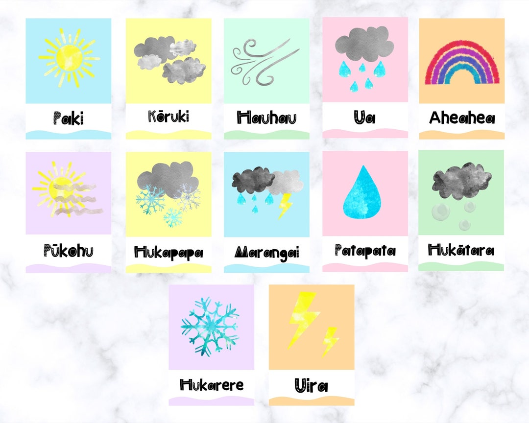 Weather Flashcards Maori - Learn Maori - Vocabulary Cards - Educational ...