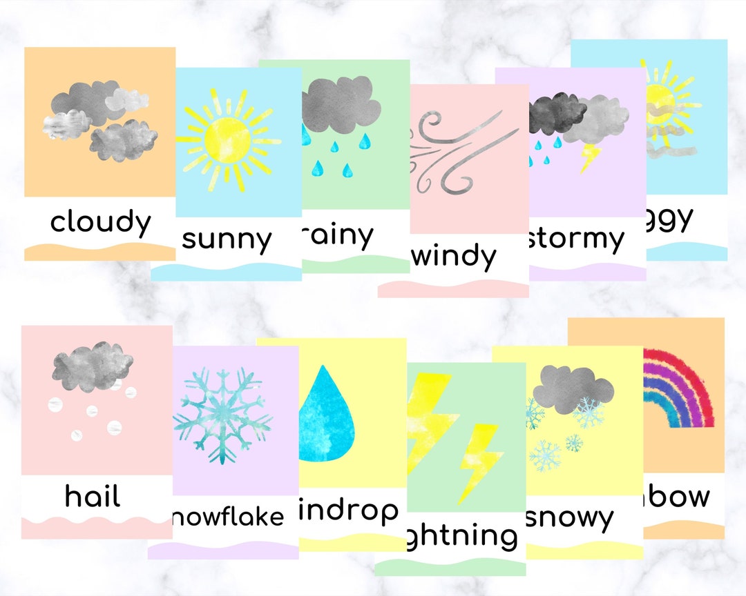 Weather Flashcards - Set 12 Flashcards - Vocabulary Cards - Educational ...