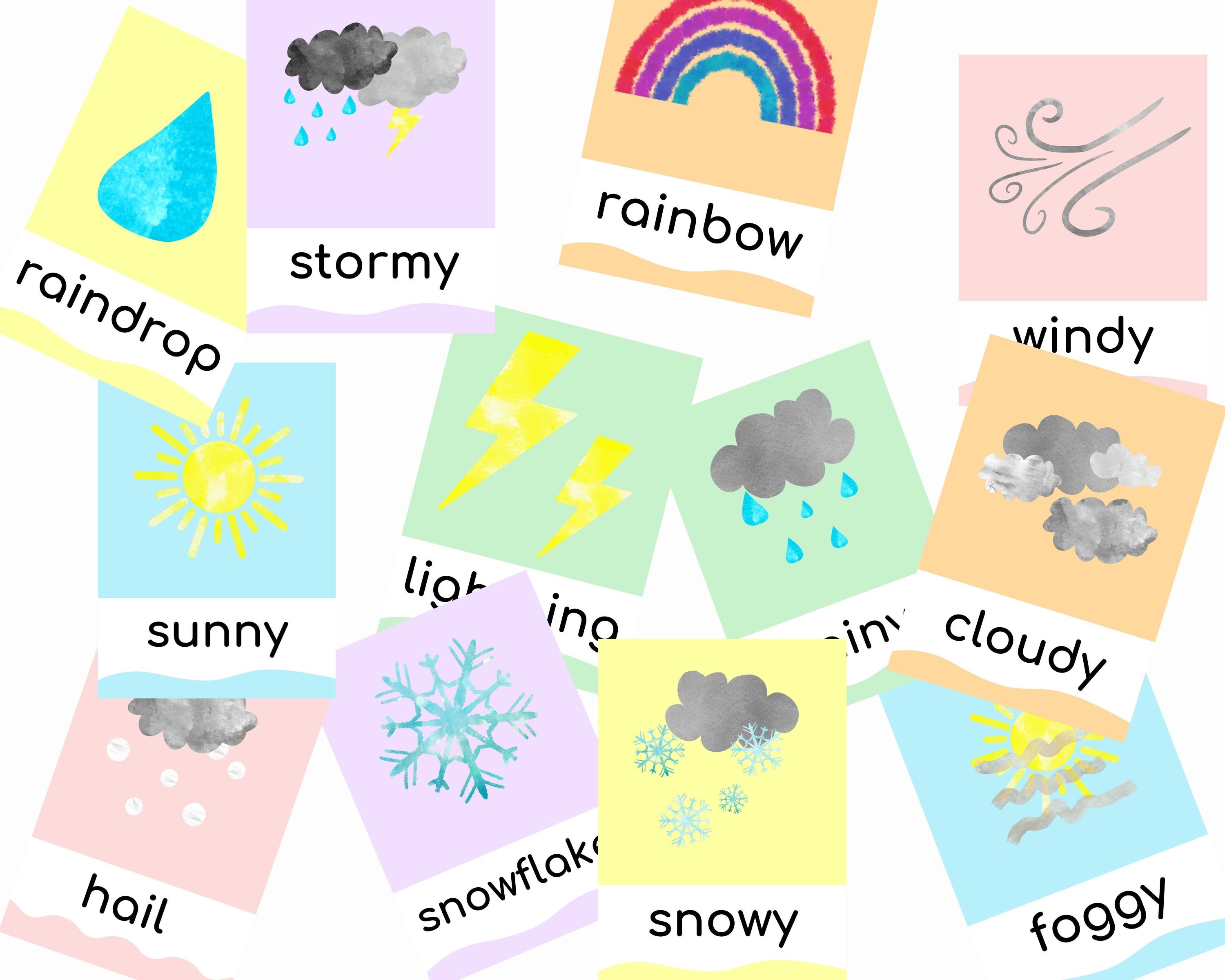Weather Flashcards - Set 12 Flashcards - Vocabulary Cards - Educational ...