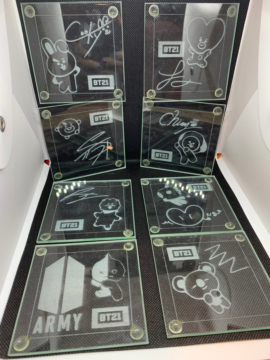 BTS Army | 2x BT21 Glass Coaster W/ Non-slip Feet | Shooky Mang Chimmy ...