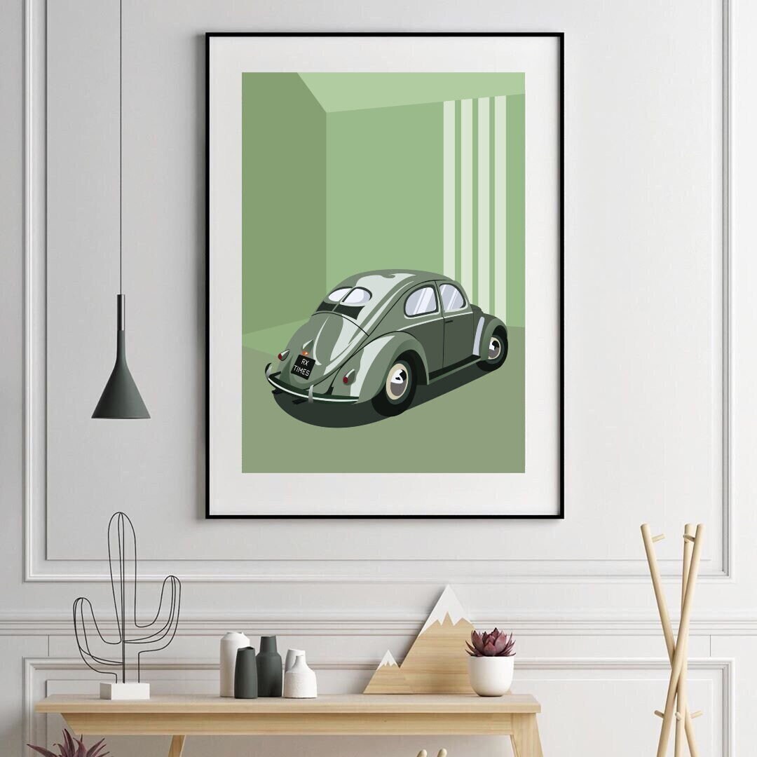Vintage Green Volkswagen Beetle Poster With Abstract Background Retro ...