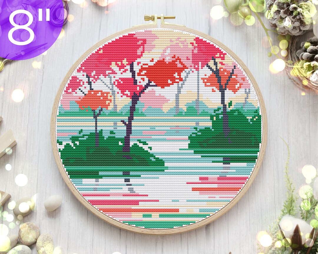 8'' Needlepoint Wall Art, Pink Forest PDF Cross Stitch Pattern for ...