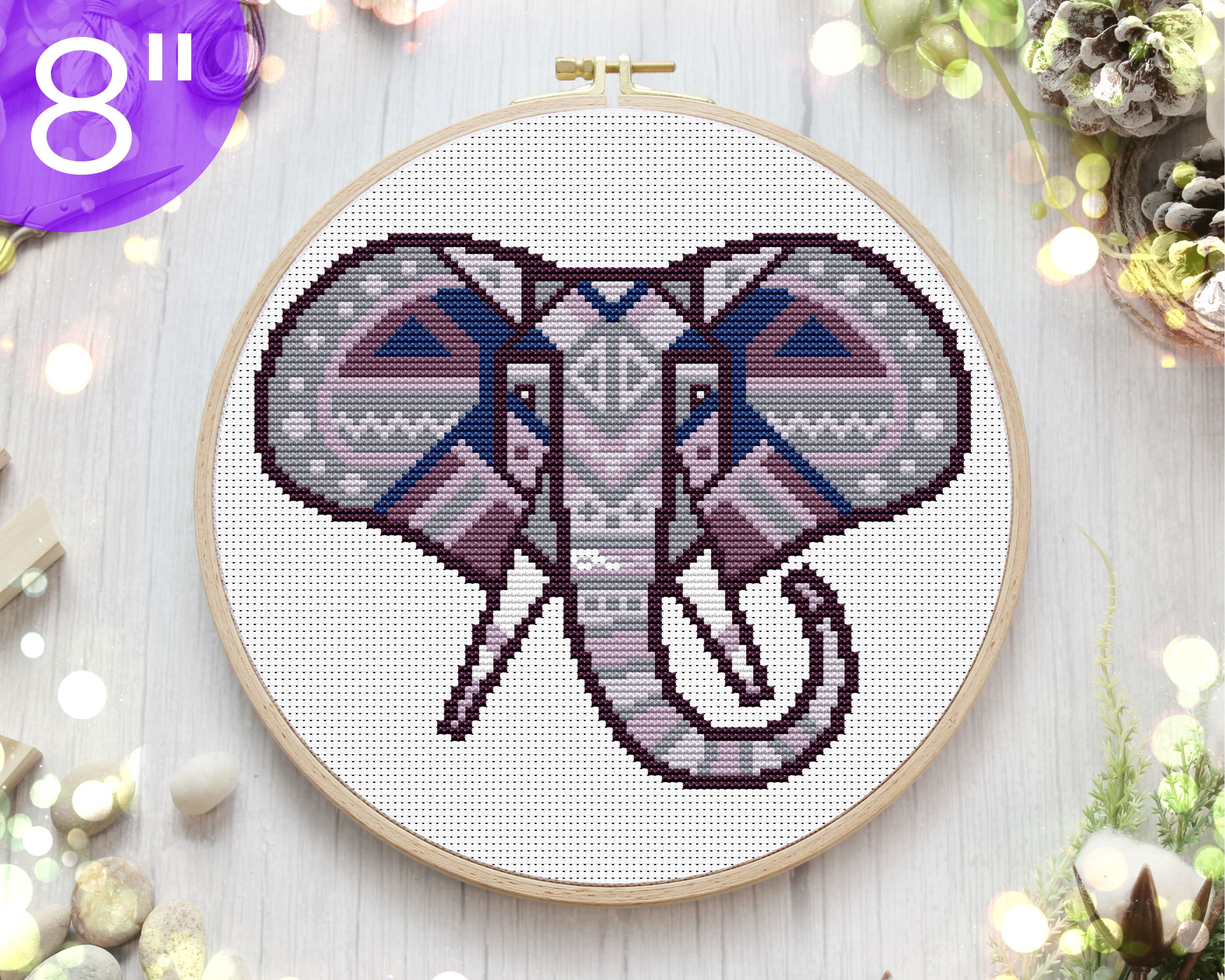 8'' Elephant Counted Cross Stitch Pattern, Small Embroidery Hoop Design ...