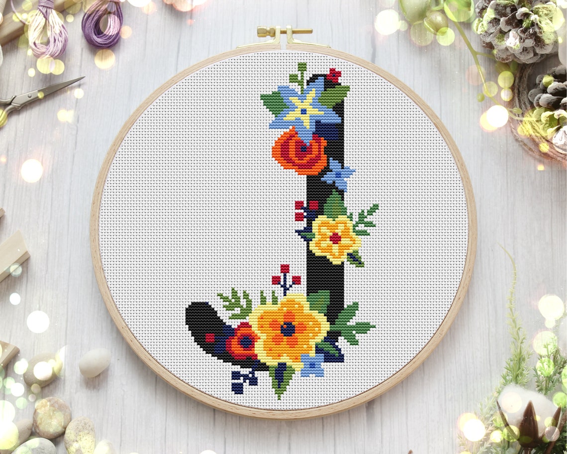 Letter J Monogram Cross Stitch Pattern Floral Embroidery - Etsy