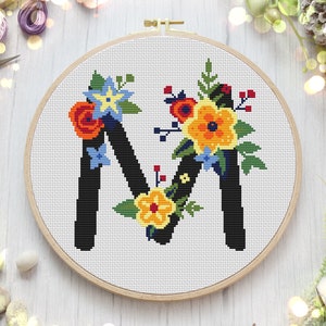 Letter M Cross Stitch Pattern, Floral Embroidery Designs for DIY ...