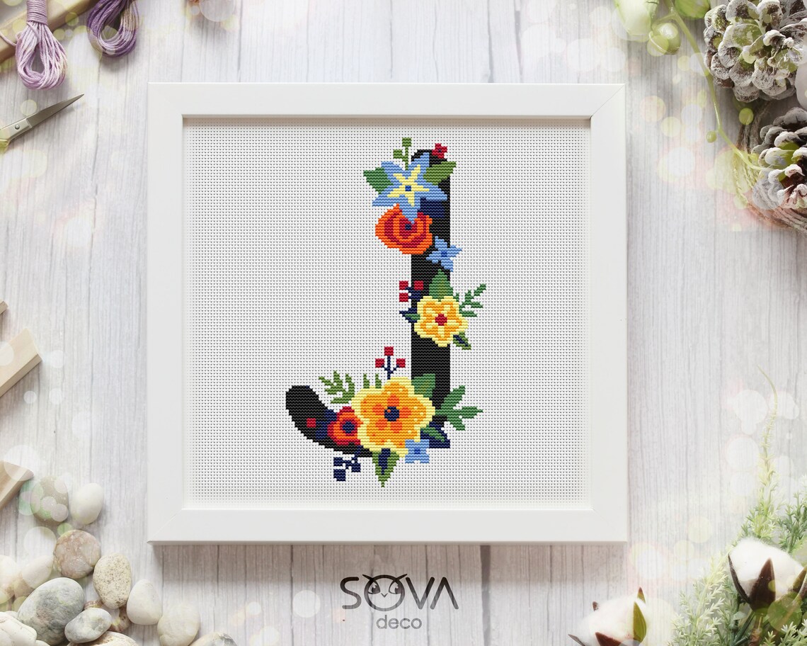 Letter J Monogram Cross Stitch Pattern Floral Embroidery - Etsy