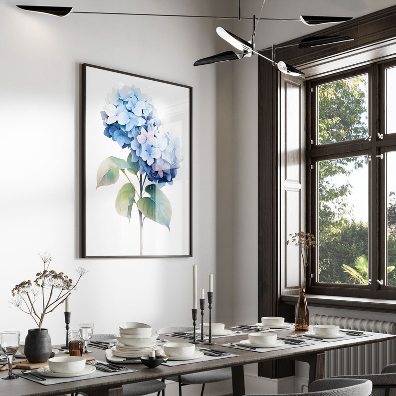 Blaue Hortensie Aquarell Druck Minimalistische botanische Wandkunst Blumen Wanddeko Botanische ...
