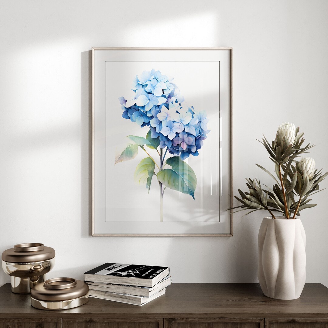 Blaue Hortensie Aquarell Druck Minimalistische botanische Wandkunst Blumen Wanddeko Botanische ...
