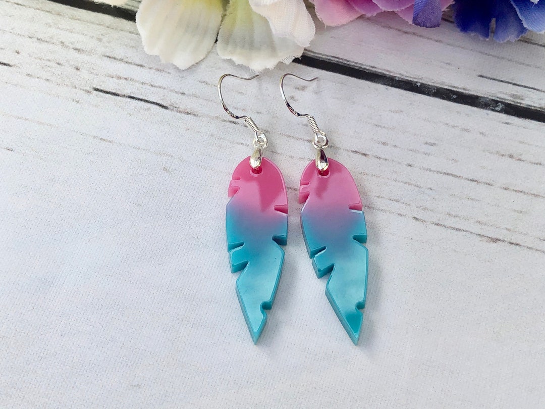 Handmade Pink and Blue Drop Feather Earrings Small Feather Earrings ...