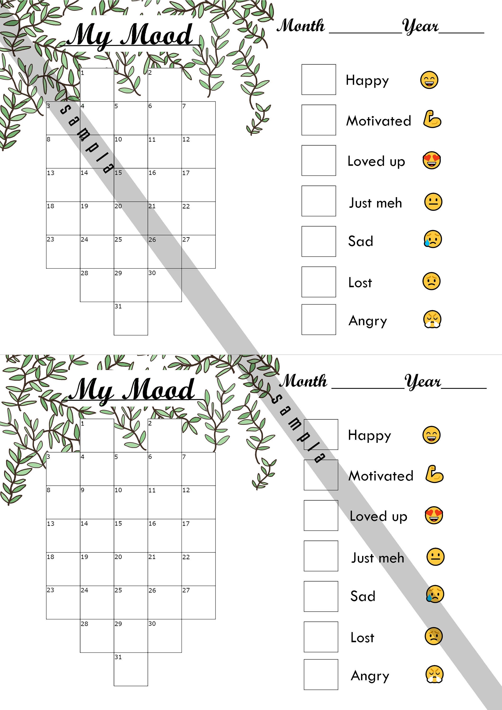 Printable 1 Month Mood Tracker 2 per page A4 Digital | Etsy