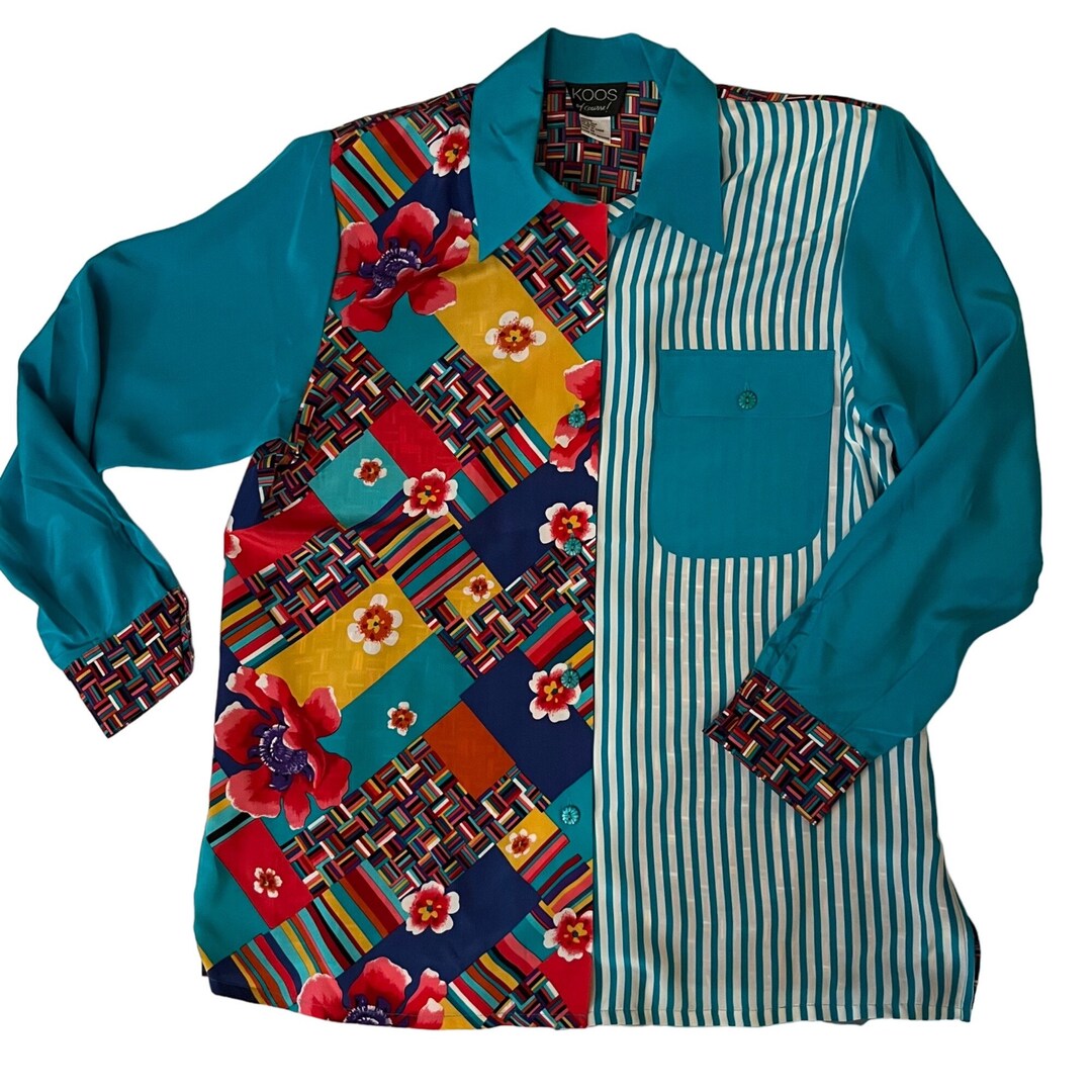 VTG New Koos of Course M Silk Collage Blouse Shirt Top Turquoise Red ...