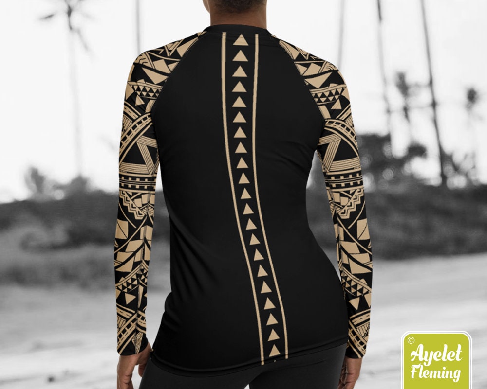 Polynesian Rash Guard Surf Shirt - Hawaiian Shirt Women - Black Tan ...