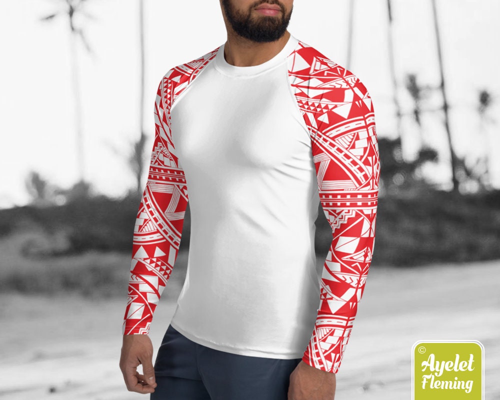 Polynesian Mens Rash Guard Hawaiian Shirt Sports Wear Red White Samoan ...