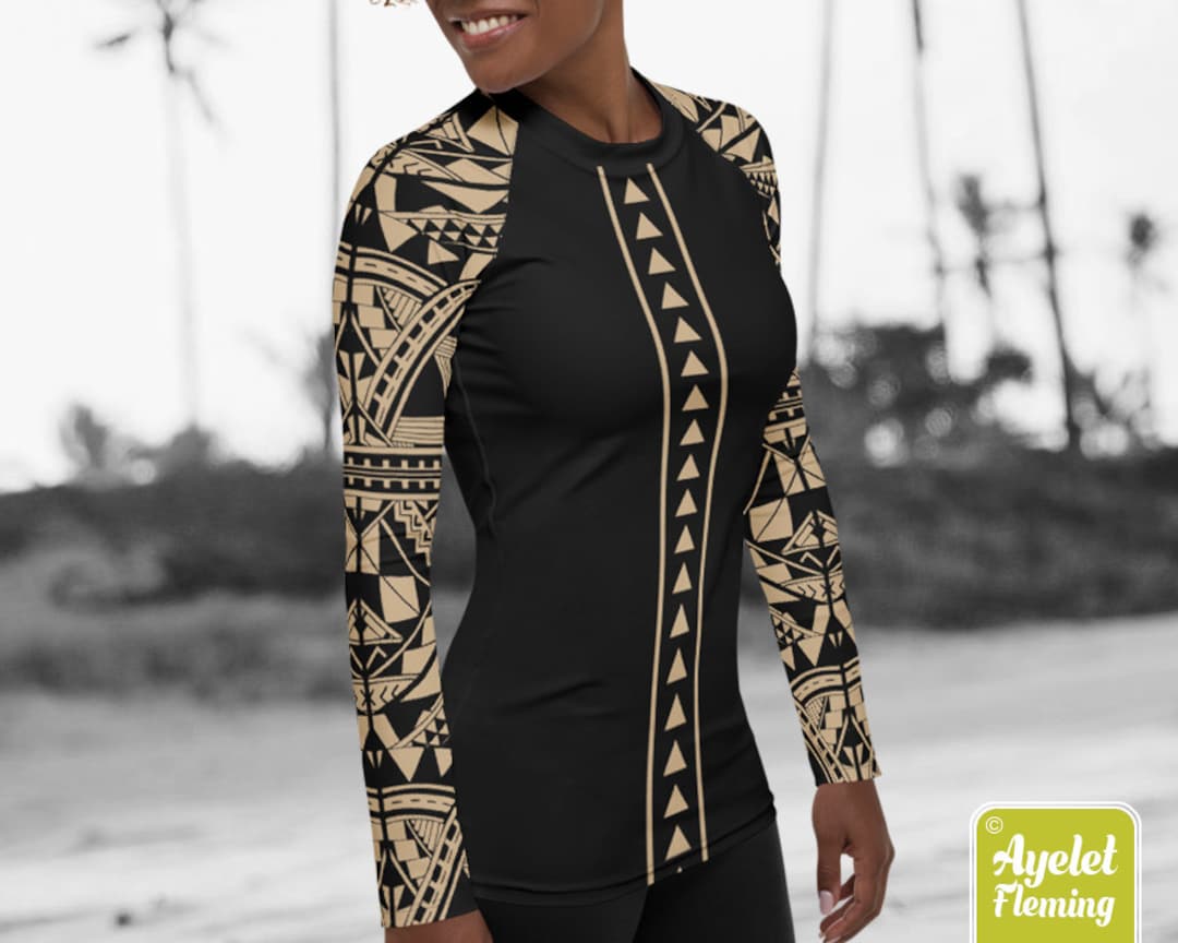 Polynesian Rash Guard Surf Shirt - Hawaiian Shirt Women - Black Tan ...