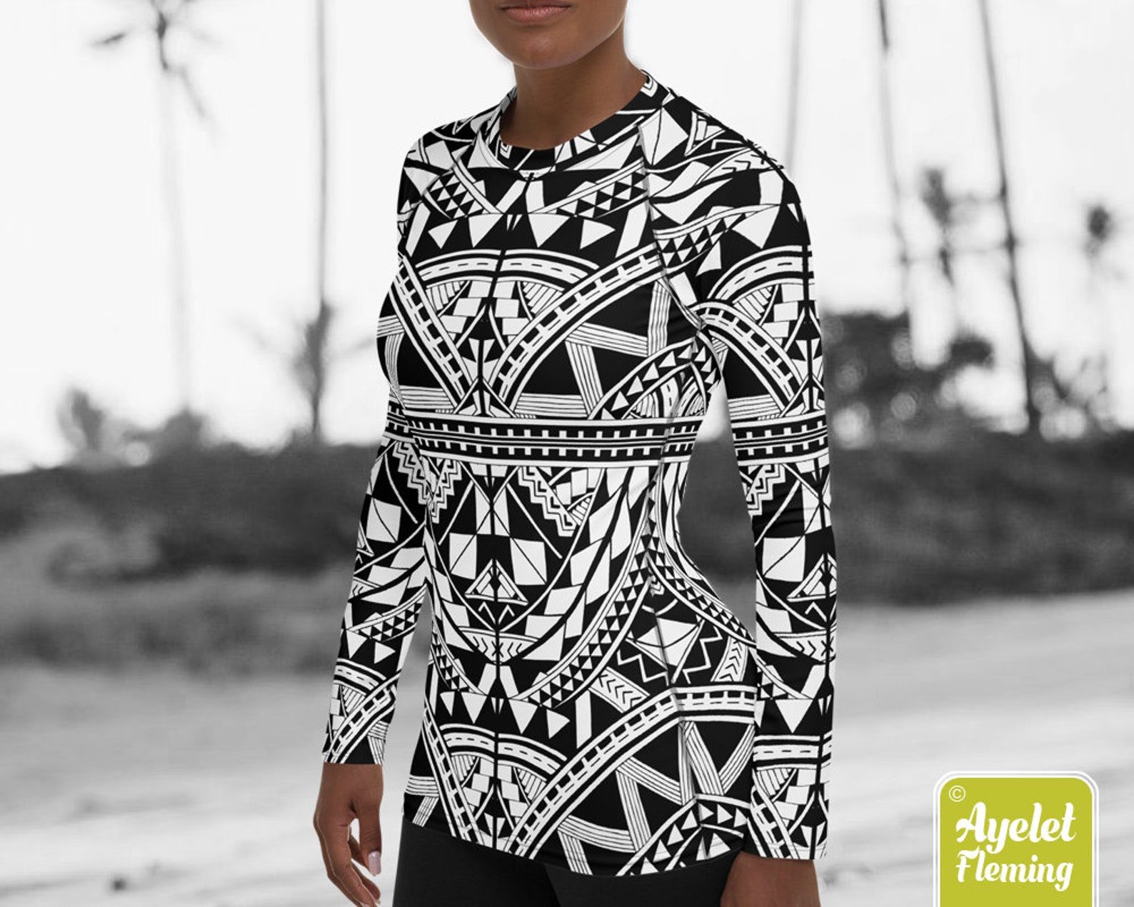 Polynesian Rash Guard Surf Shirt Hawaiian Shirt Women All Over Black ...
