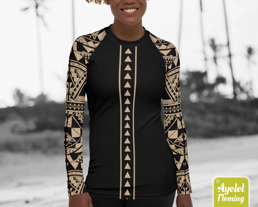 Polynesian Rash Guard Surf Shirt - Hawaiian Shirt Women - Black Tan ...