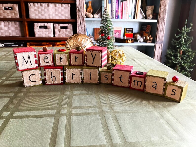 Merry Christmas, Toy Letter Blocks, Farmhouse, Wooden Blocks, Textured ...
