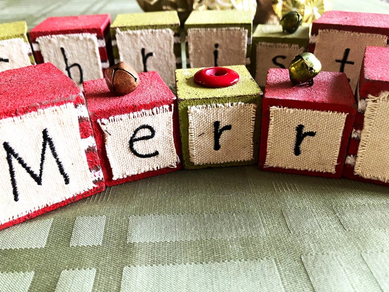 Merry Christmas, Toy Letter Blocks, Farmhouse, Wooden Blocks, Textured ...