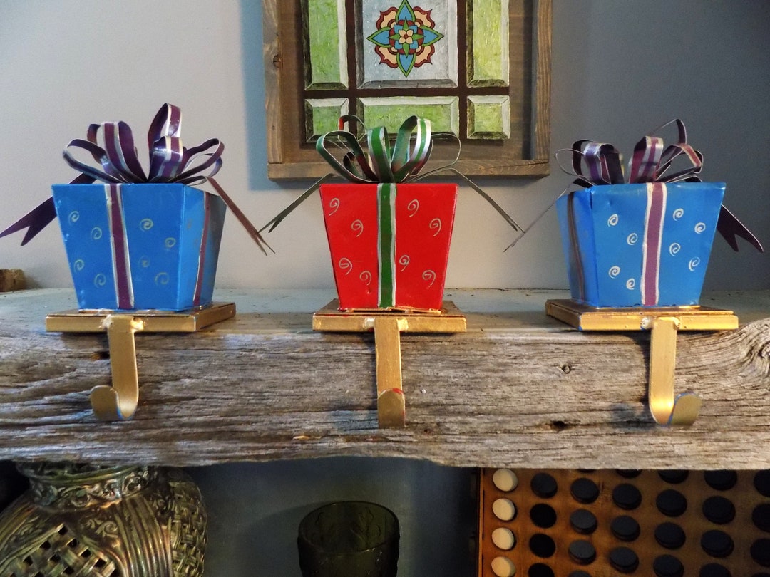 Set of 3 Hand Painted, Metal, Christmas Gift Box Stocking Hangers, 1 ...