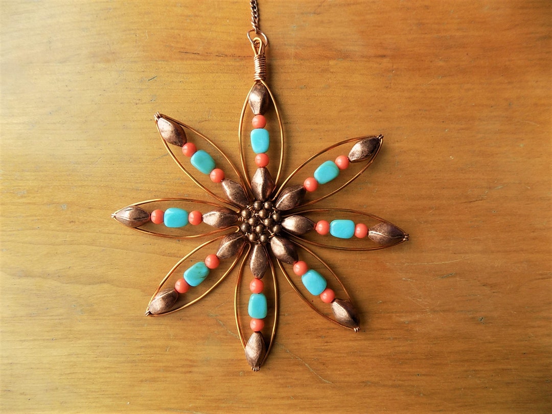 Hand Formed & Beaded Copper Wire Flower Ornament, Turquoise and Peach ...