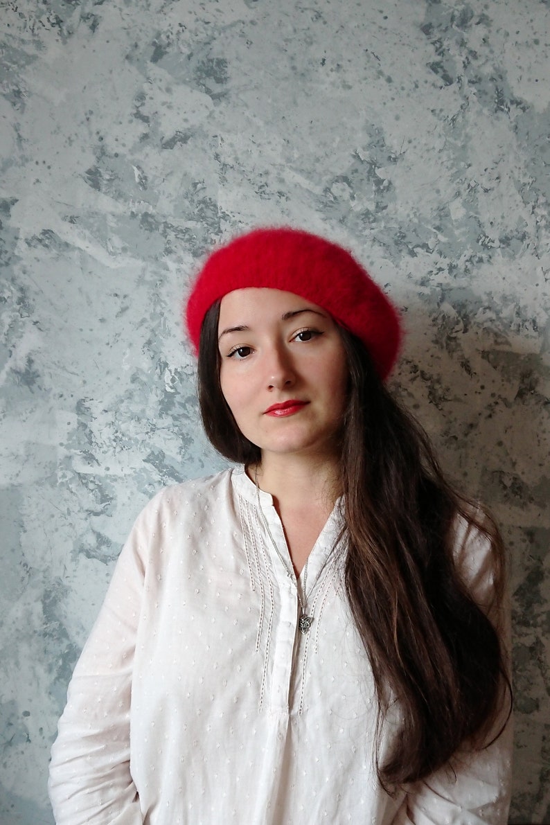 Hand Knit Angora Beret Hat | French Style Beret for Women | Soft Fluffy ...