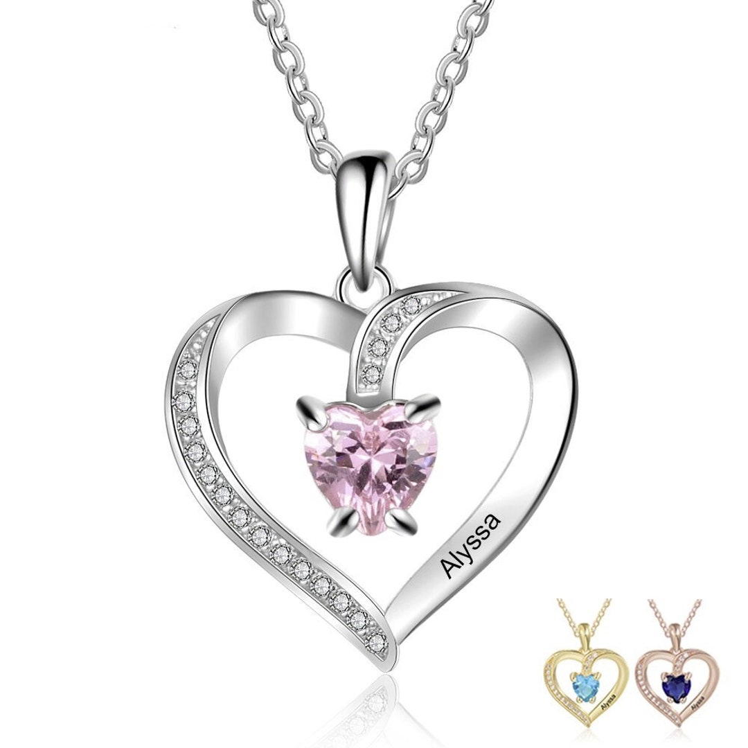 Custom Engrave Name Heart Pendant With Birthstone for Women - Etsy