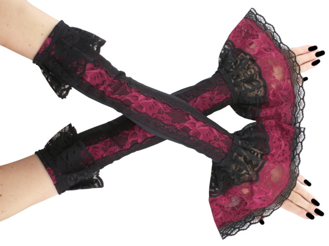 Womens Gloves Black Burgundy Gothic Fingerless Arm Warmers, With ...