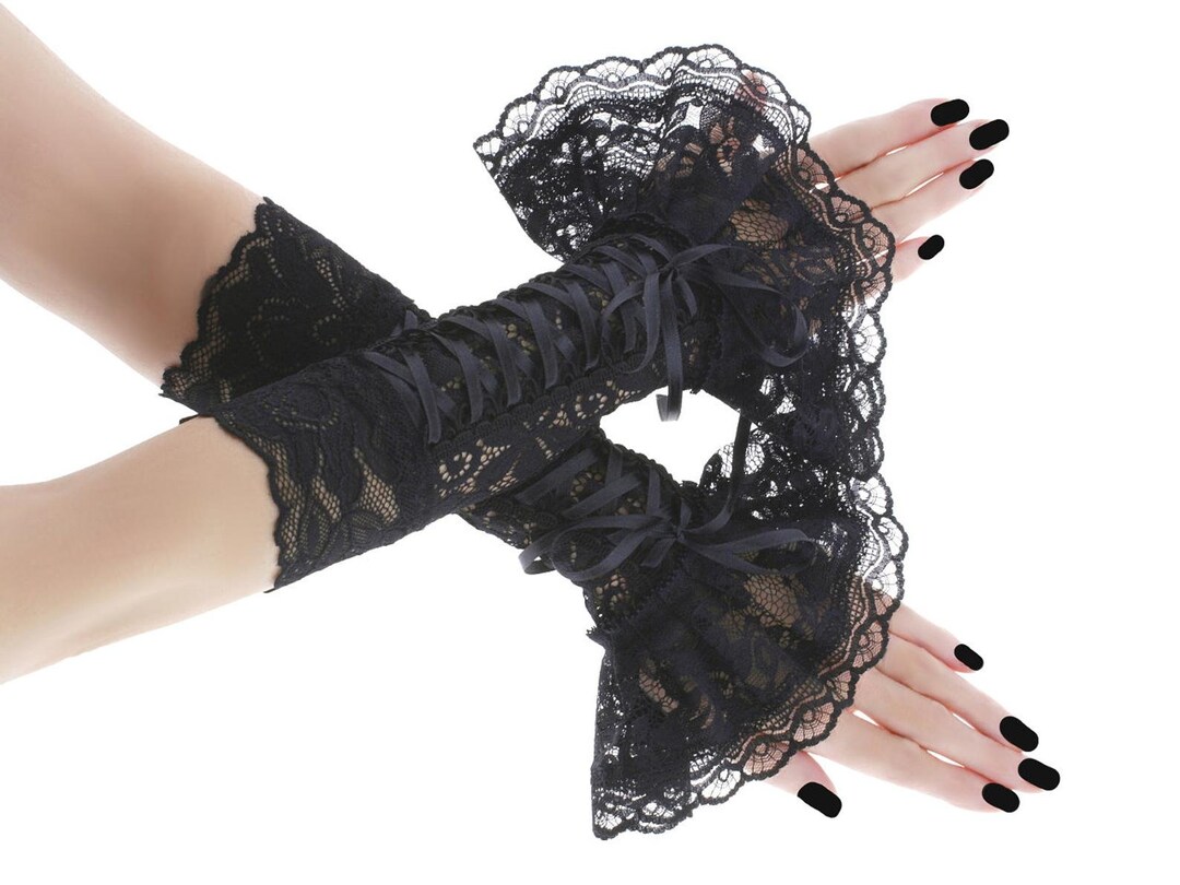Black Goth Lace Women Gloves Ruffled Fingerless Evening Arm Warmers ...