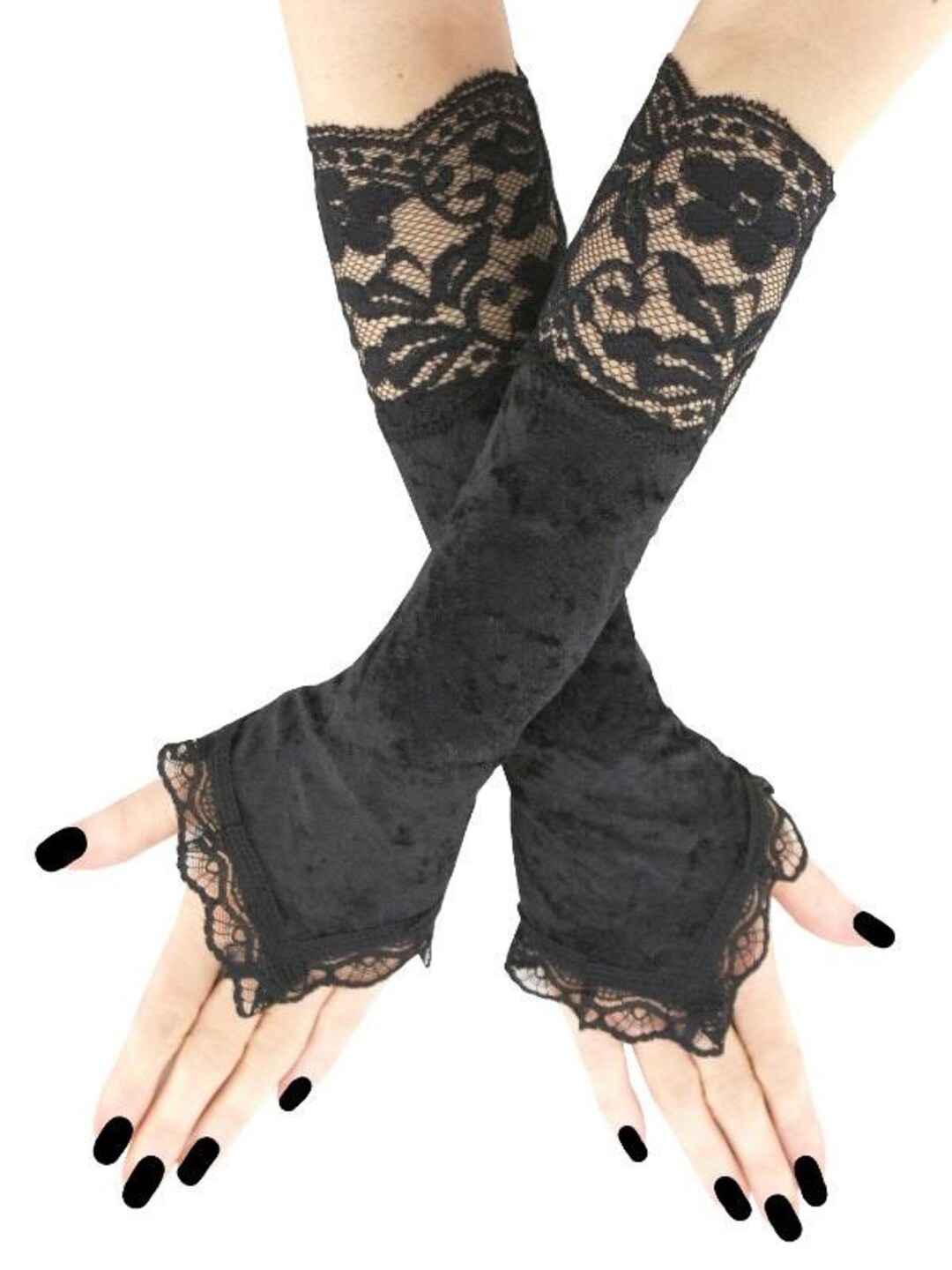 Black Velvet & Lace Fingerless Gloves Gothic, Goth Arm Warmers Evening ...