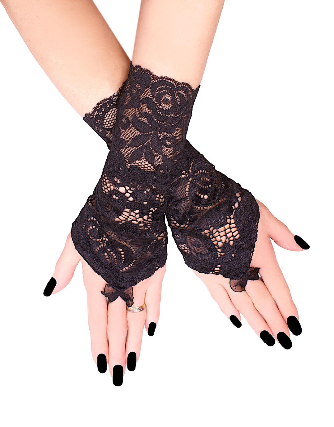 Black Lace Fingerless Gloves, 10" Short Gothic Evening Wrist Sleeves ...