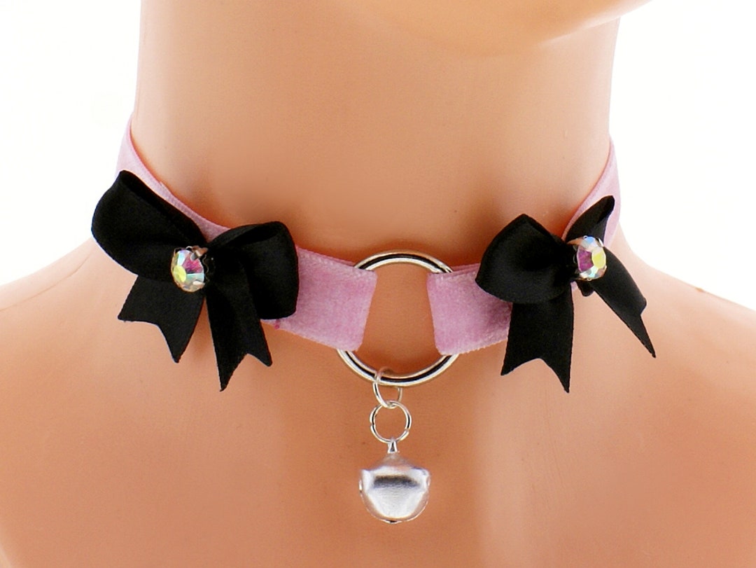 Pink Velvet Choker Necklace Satin Black Bow Crystal Silver O Ring