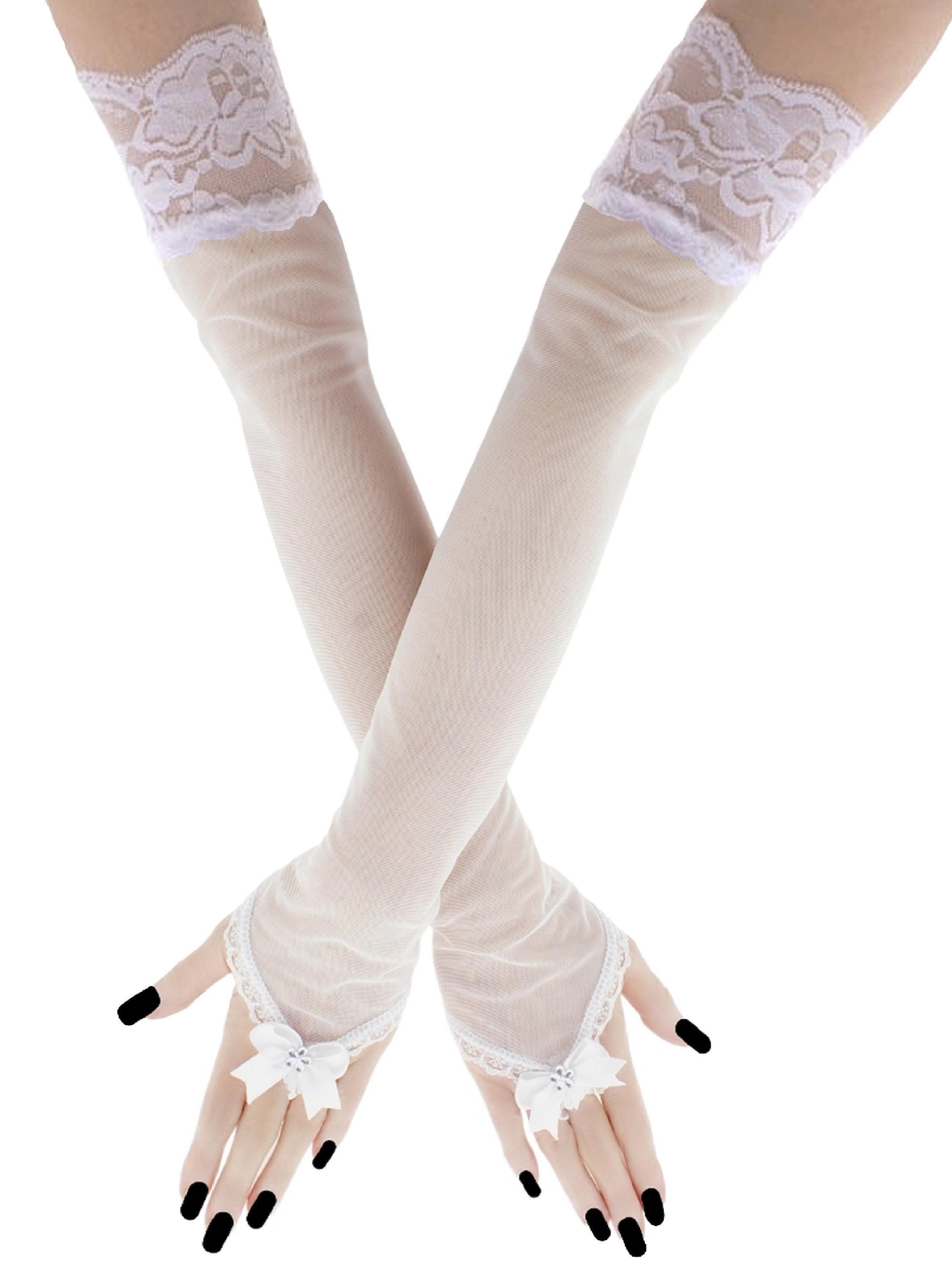 Extra Long White Tulle Fingerless Gloves With Finger Loop, 20 Inch ...