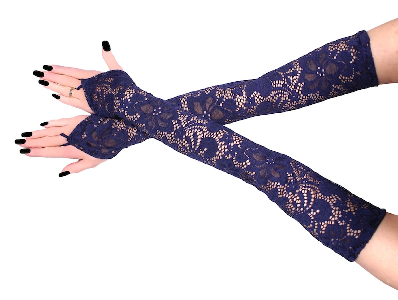 Floral Black Lace Fingerless Gloves, 20" Long Pointed Opera Sleeves ...