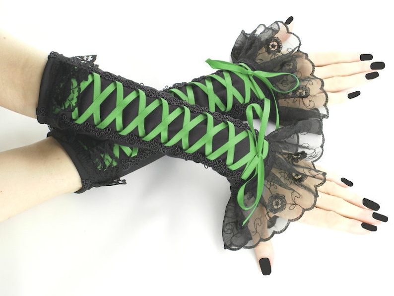 Gothic Fingerless Gloves Fuffled Lace Black Red Corset Laced Elbow ...