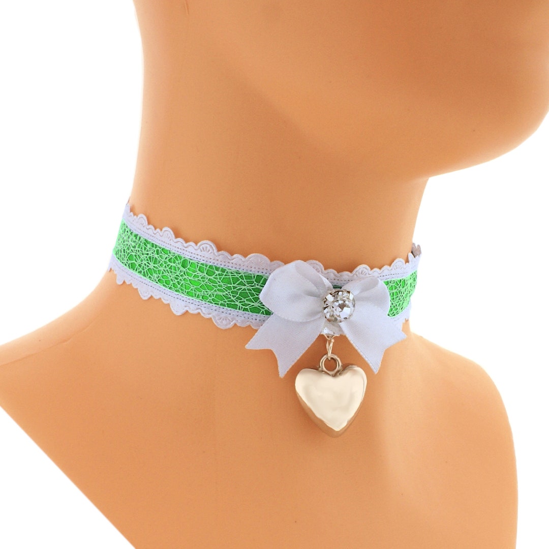 Elegant Green Satin Lace Choker, Glamour Necklace White Lace Choker ...