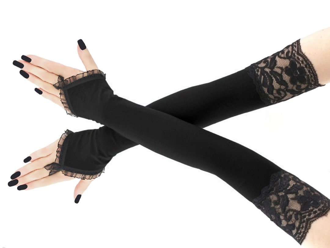 Black Extra Long Opera Fingerless Gloves, Women Arm Warmers, Elbow ...